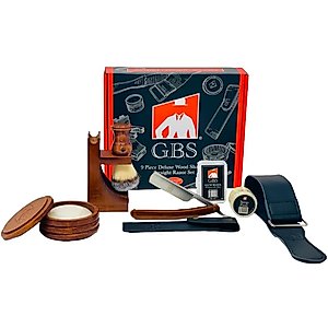 G.B.S Complete Professional Wet Shave Kit Shaving Set- Shave Box Includes 5/8" Inch Carbon Steel Straight Razor with Wooden Handle, Synthetic Hair Shave Brush, Wood Shave Soap Bowl