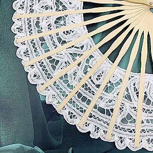 Propupy Folding Hand Fan Womens Lace Fan Elegant Cotton Fan Handmade Vintage Retro Fan with Bamboo Staves and Silk Tassels for Wedding Bridal Shower Dancing Party (White)