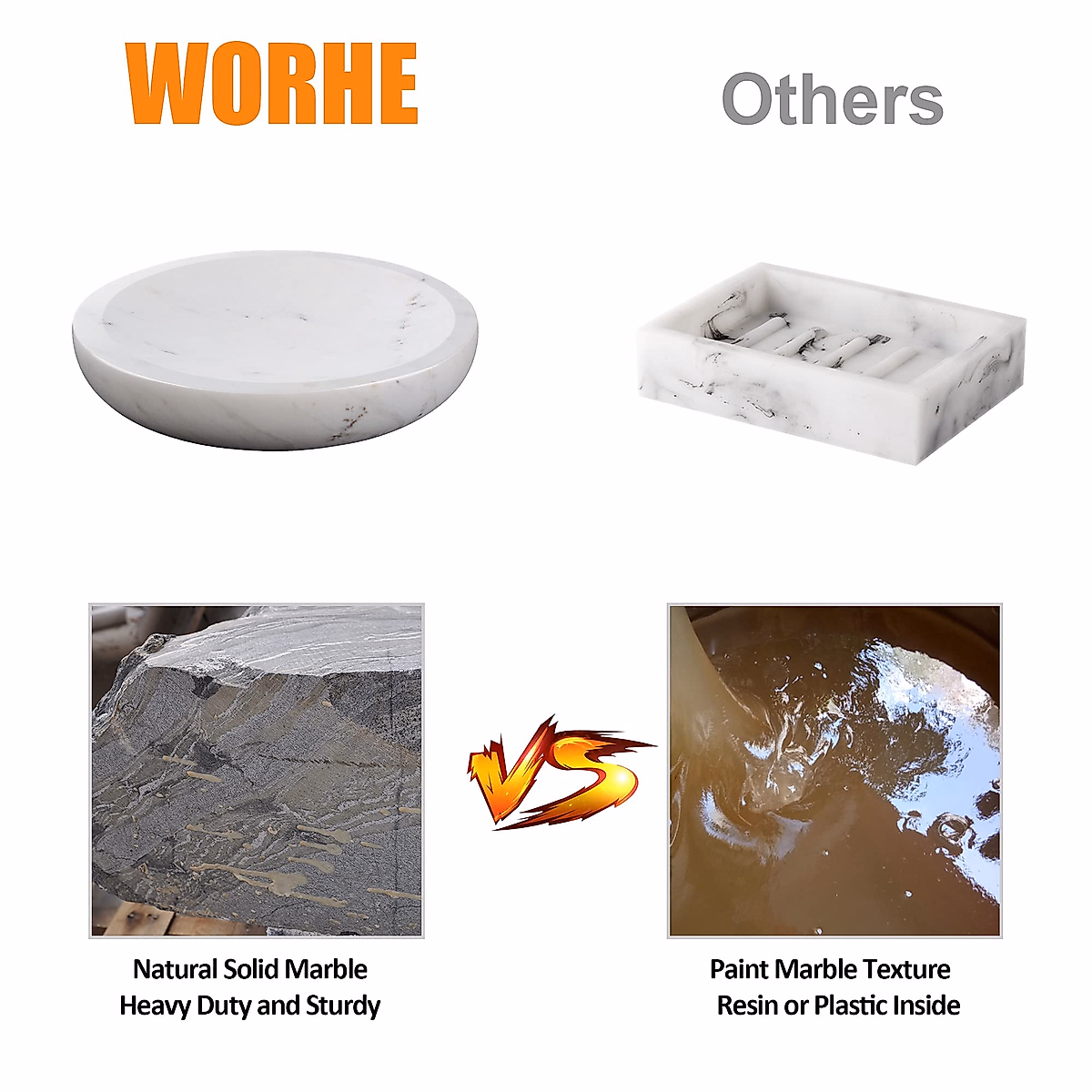 WORHE Marble Soap Dish Italy Natural Stone Sponge Holder for Bathroom Tub Shower Kitchen Sink, Handcraft Round Soap Case Organizer Trinket Plate Jewelry Tray Coaster for Home Decor White (DL008)