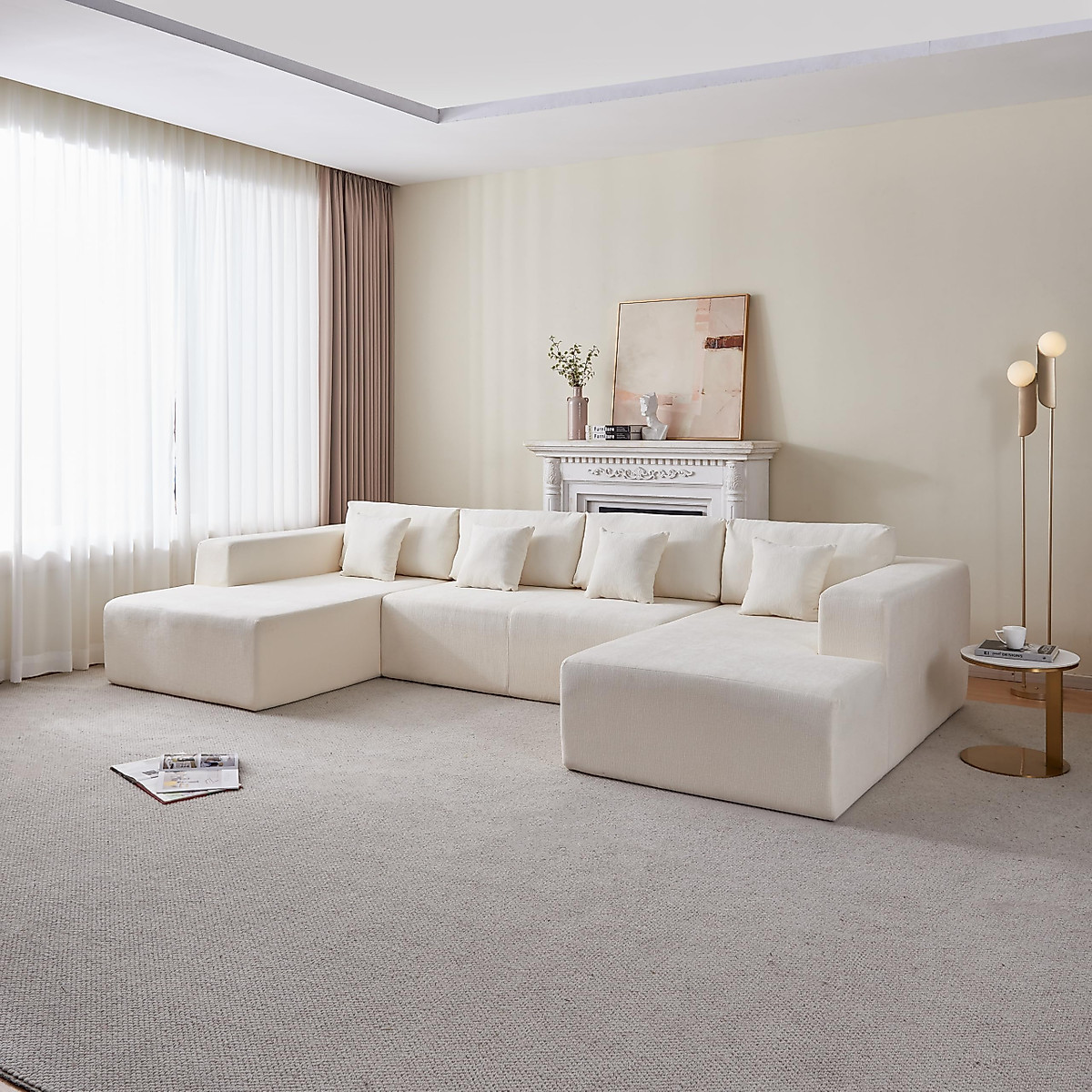 YOOBECH U Shape Sectional Sofa Couch 6 Seat Sofa Set with Double Chaise Chenille Fabric Modular Sectional Couch for Living Room - Beige