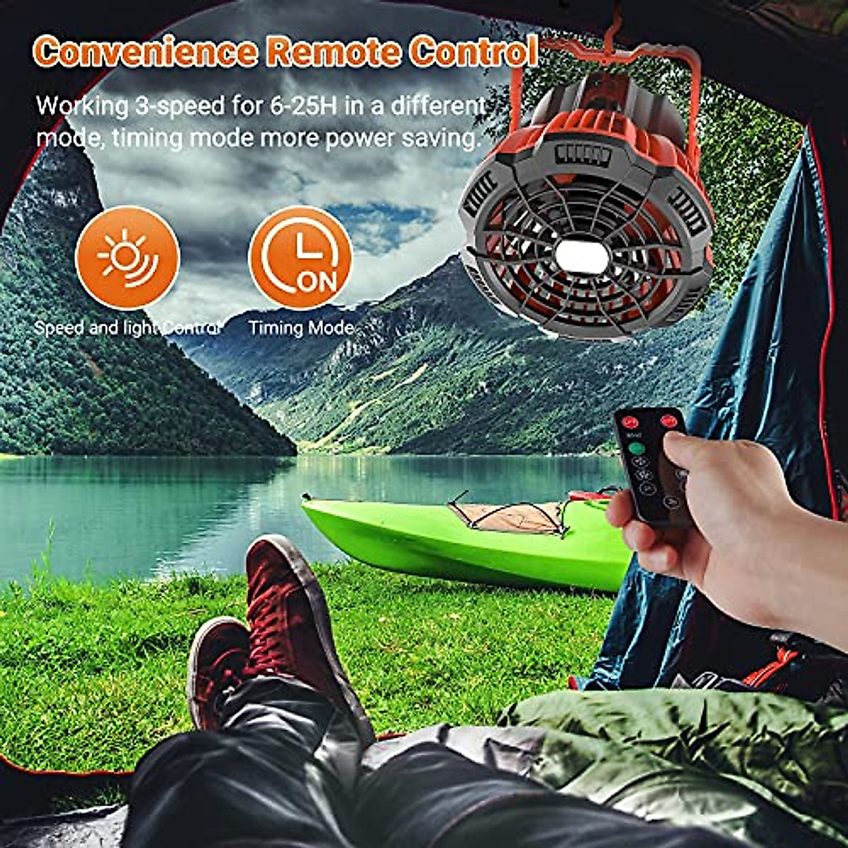 Portable Fan Camping Fan for Tents, 25 Hours Work-time Camping Lantern Ceiling Tent Fan Desk Fan with 7800mAh Power Bank, Clip and Remote, Usb Rechargeable Fan for Hiking, BBQ,Hunting, Hurricane (Black Orange)