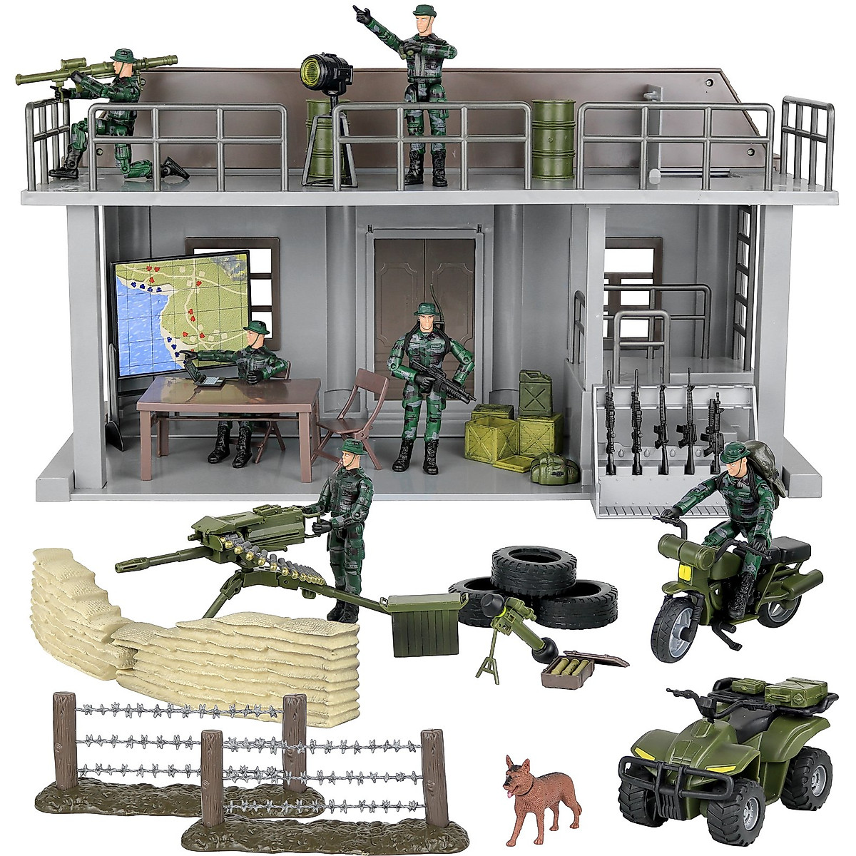 Click N' Play Army Action Figure and Military Playset with Multi Level Command Center, Includes 51 Accessories- 6 Solider Action Figures with Gear, Guns, Vehicles, Army Playset for boys 6+