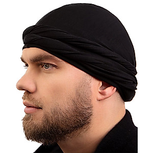 CAPLORD Silk Satin Lined Halo Turban Head Wrap Pre-Tied Skull Cap for Men and Women Sleeping Bonnet Hair Cover Chemo Hair Loss Hat Black