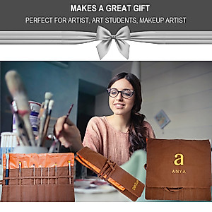 ANYA Artists Paint Brush Holder, 20 Slots Paint Brush Storage Canvas Roll up pouch for Acrylic Oil Watercolor, Dark brown PEDZEL (brushes not included)