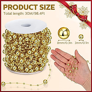 98 Feet Christmas Tree Beads Garland Decoration 2 Sizes Pearl Strands Chain Resin Pearls Beads Chains with ABS Plastic Line Christmas Tree Decorations for Home Mantle Fireplace Holiday Decor (Gold)