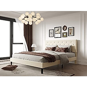 BONSOIR Queen Size Bed Frame Upholstered Low Profile Traditional Platform with Tufted Headboard/No Box Spring Needed/No Bed Skirt Needed/Soft Faux Velvet Upholstery/ Ivory