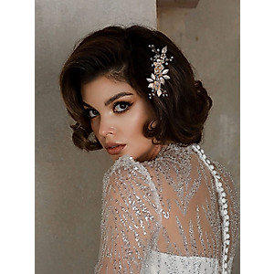 SWEETV Light Rose Gold Wedding Hair Comb Clip,Handmade Bridal Hair Accessories for Women Wedding