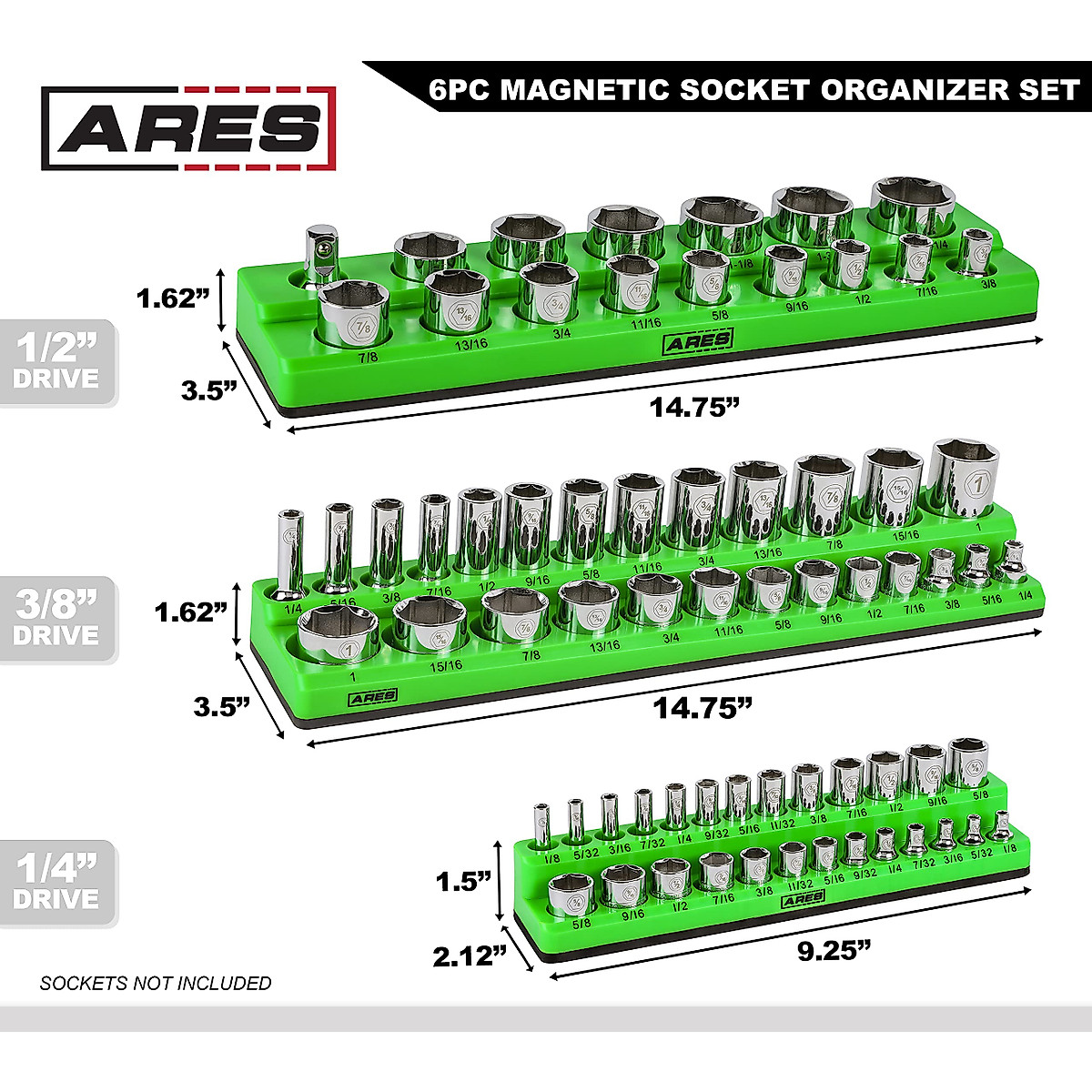 ARES 60160-6-Piece Magnetic Socket Organizers - Metric and SAE Set Black and Green -1/4 in, 3/8 in, 1/2 in Socket Holders -143 Pieces of Standard (Shallow) and Deep Sockets -Organize Your Tool Box