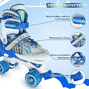 whicow Roller Skates for Boys Girls, 4 Sizes Adjustable Quad Skates for Kids with All Light up Wheels, Full Protection for Toddler's Indoor and Outdoor Sports (Blue, Medium (3Y-6Y US))