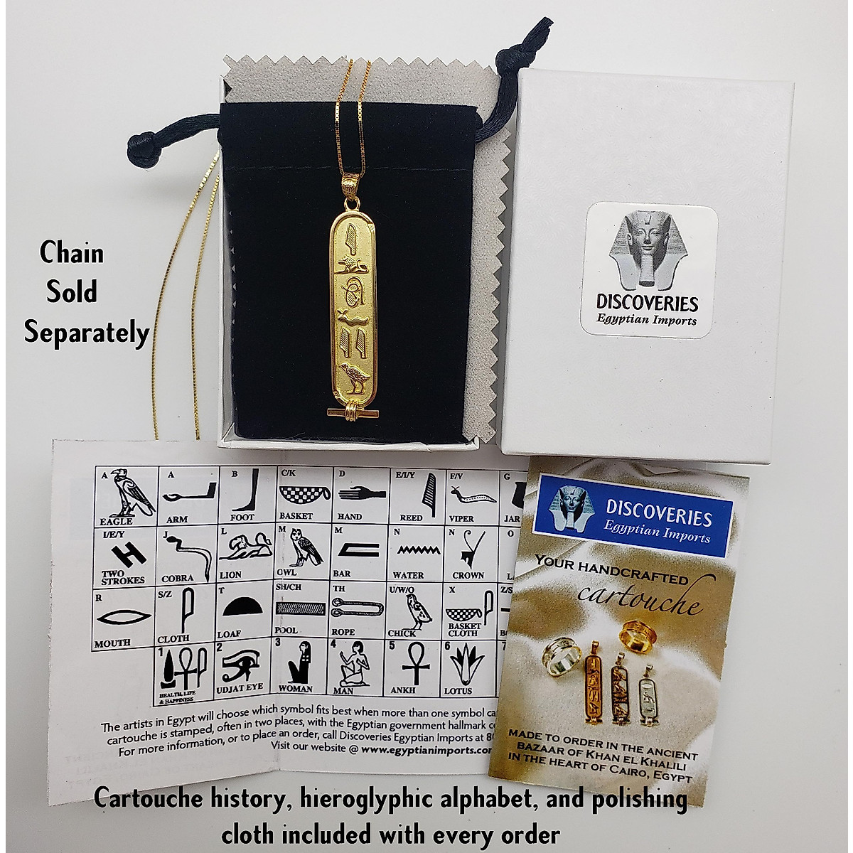 Discoveries Egyptian Imports Made in Egypt - Personalized Sterling Silver Cartouche Necklace - 1-Sided Custom Pendant Handmade in Egypt - Size: Large