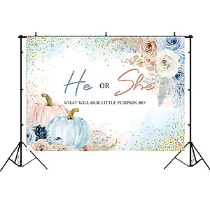 Lofaris Pumpkin Blue or Pink Gender Reveal Backdrop Fall Theme He or She What Will Little Pumpkin Be Banner Party Decorations Photography Background Pregnancy Reveal Party Photoshoot 7x5ft