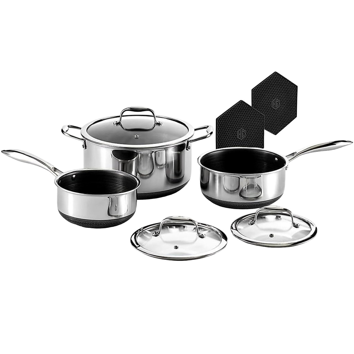 HexClad Hybrid Nonstick 6-Piece Pot Set with Trivets, 2, 3, and 8-Quart Pots with Tempered Glass Lids, 2 Silicone Trivets Included, Dishwasher Safe, Compatible with All Cooktops