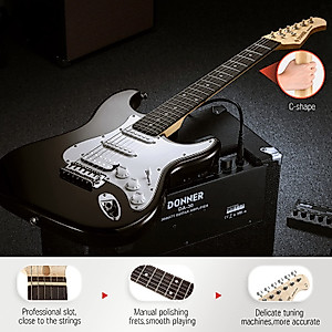 Donner DST-100B 39 Inch Electric Guitar Beginner Kit + Guitar Cable 10 ft Black White