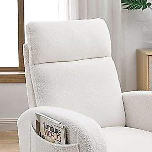 JEEOHEY Nursery Rocking Chair, Modern Upholstered Teddy Fabric Rocker Glider Chairs Single Sofa Chair Leisure Armchair with Solid Wood Legs, Side Pockets, White