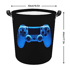 Video Game Joystick Gamepad in Blue Neon Lights Isolated on Black Collapsible Waterproof Laundry Hamper, Lightweight Washing Basket Bin Storage Organizer Bucket with Handles for Toys Clothes