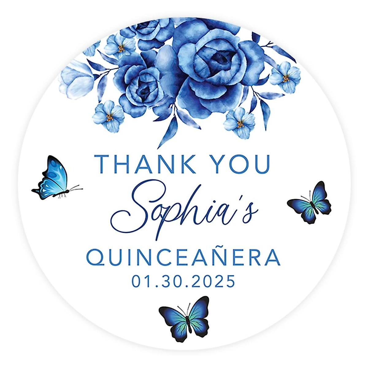 Andaz Press 40-Pack Personalized 2" Round Circle Quinceañera Labels, Blue Butterflies Custom Sticker Labels for Mis Quince Años Favors, Invitations, XV, 15th Birthday Quinceanera Decorations
