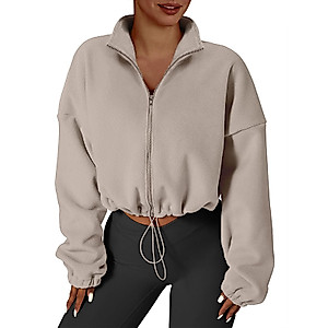 ANRABESS Women's Sweatshirts Full Zip Up Bomber Jacket Oversized Fleece Crop Sherpa Coat Long Sleeve High Neck Teddy Winter Pullover Active Sport Tops Outwear 1097 M, Khaki