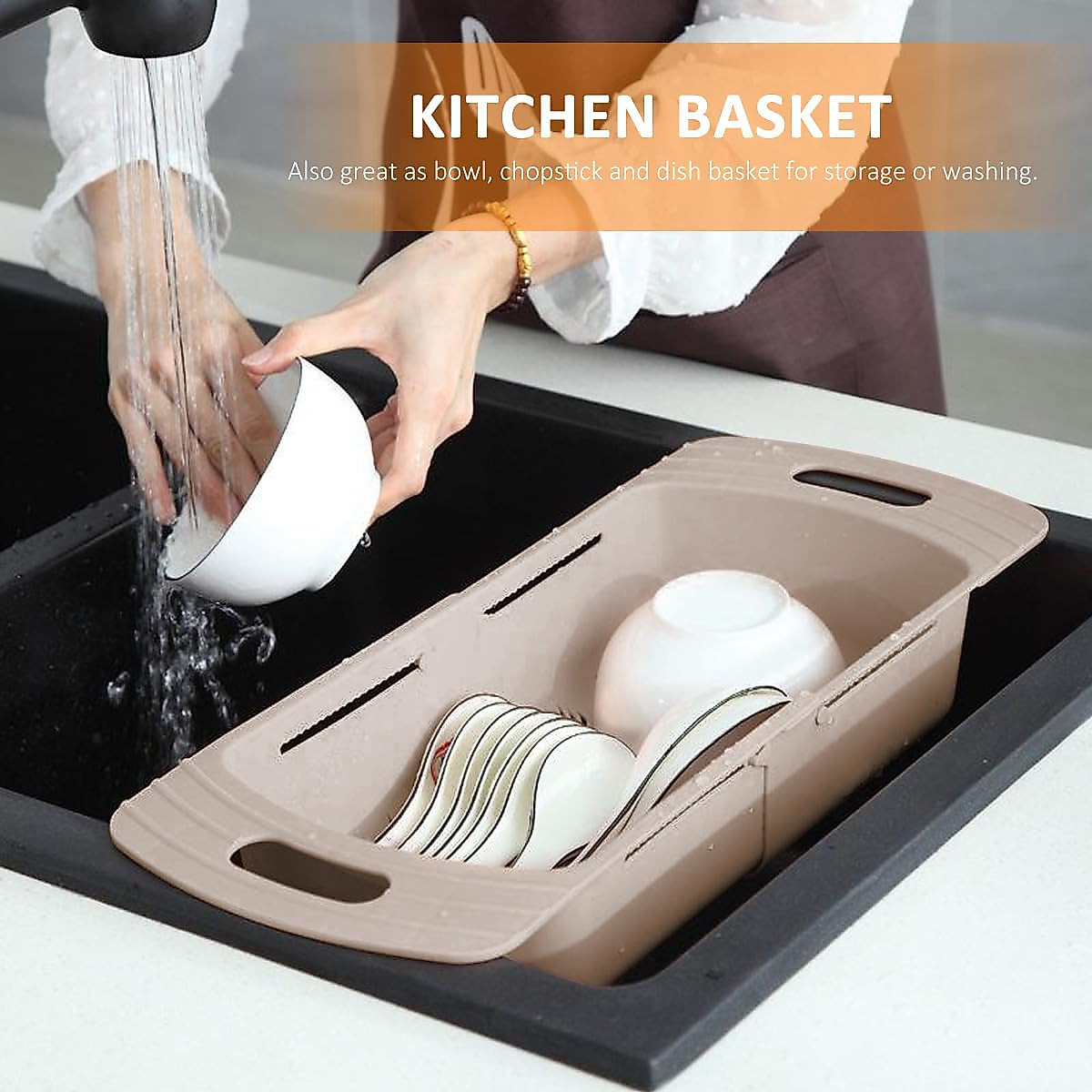 Extendable Colander Strainer Basket Over the Sink - Retractable Kitchen Sink Basket to Wash Vegetables and Fruits Khaki
