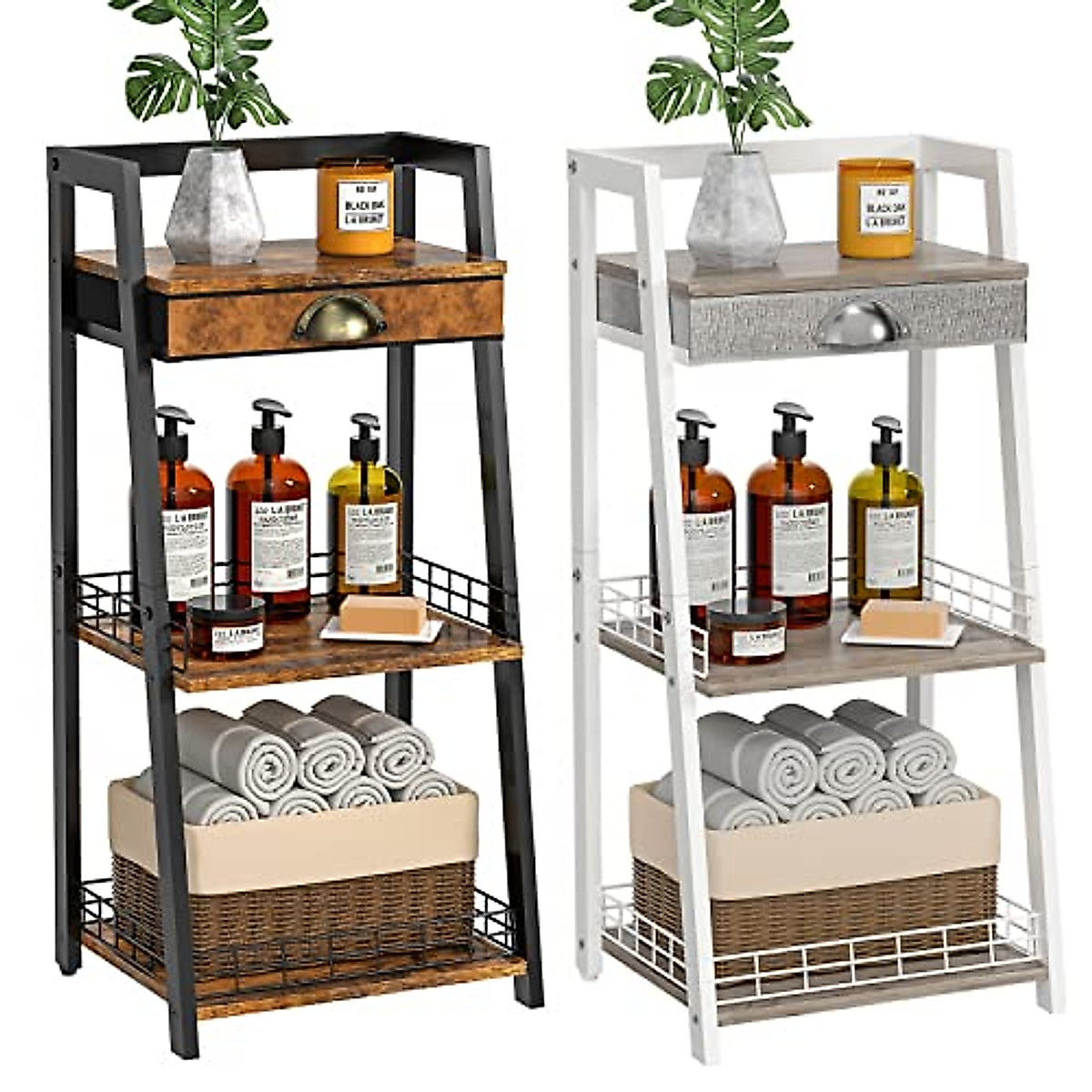 keomaisyto 3-Tier Bathroom Ladder Shelf, Bathroom Floor Storage Shelf with Drawer, Freestanding Tower Shelf, Open Shelving Unit for Bathroom Living Room Balcony