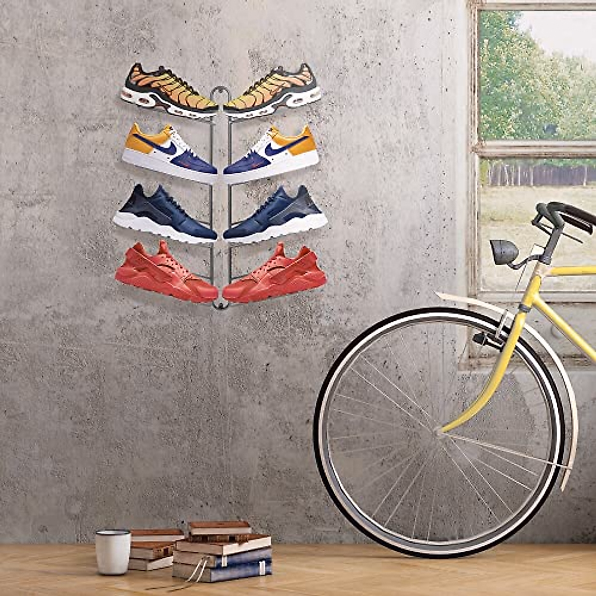 mDesign Modern Metal Shoe Organizer Display & Storage Shelf Rack - Hang & Store Your Collection of Kicks, Running, Basketball, Trainers, Tennis Shoes, Holds 16 Shoes, Wall Mount; 2 Pack- Graphite Gray