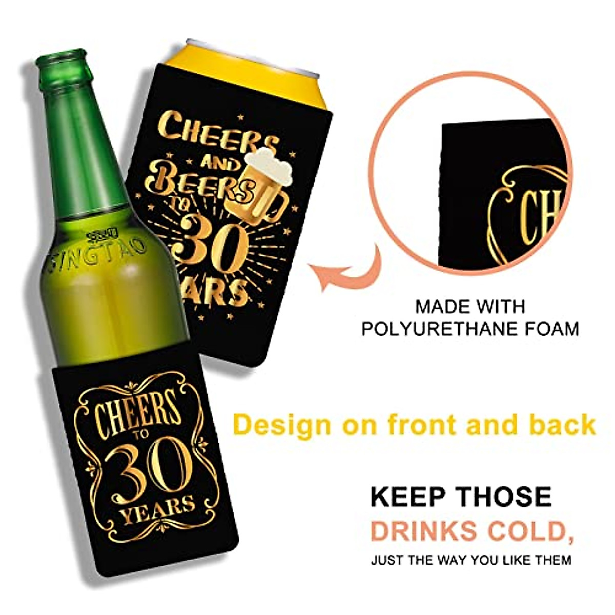 FANKUTOYS 30th Birthday Can Cooler Sleeves, Neoprene Beverage Bottle Can Sleeves - 30th Party Anniversary Decorations and 30th Birthday Gift for Men & Women, Black & Gold (12 Pcs)
