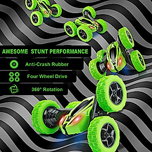 ORRENTE Remote Control Car, RC Cars Stunt Car Toy, 4WD 2.4Ghz Double Sided 360° Rotating RC Car with Headlights, Kids Xmas Toy Cars for Boys/Girls (Green)