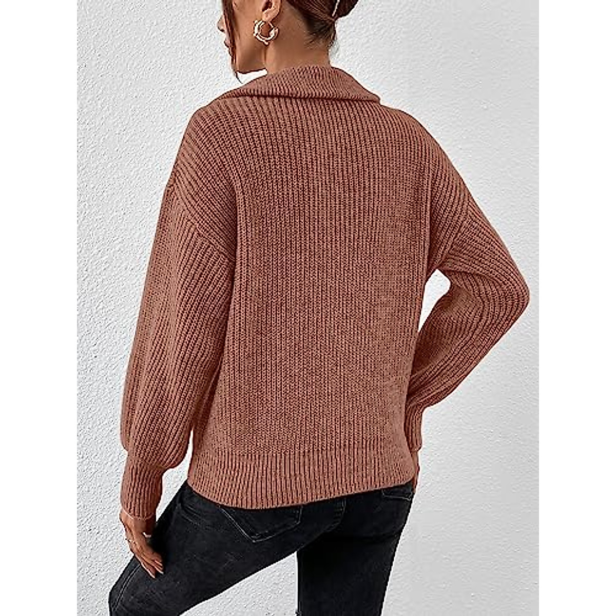 Verdusa Women's Casual Zip Up Long Sleeve Pullover Sweater V Neck Collar Knitted Top Pink XS