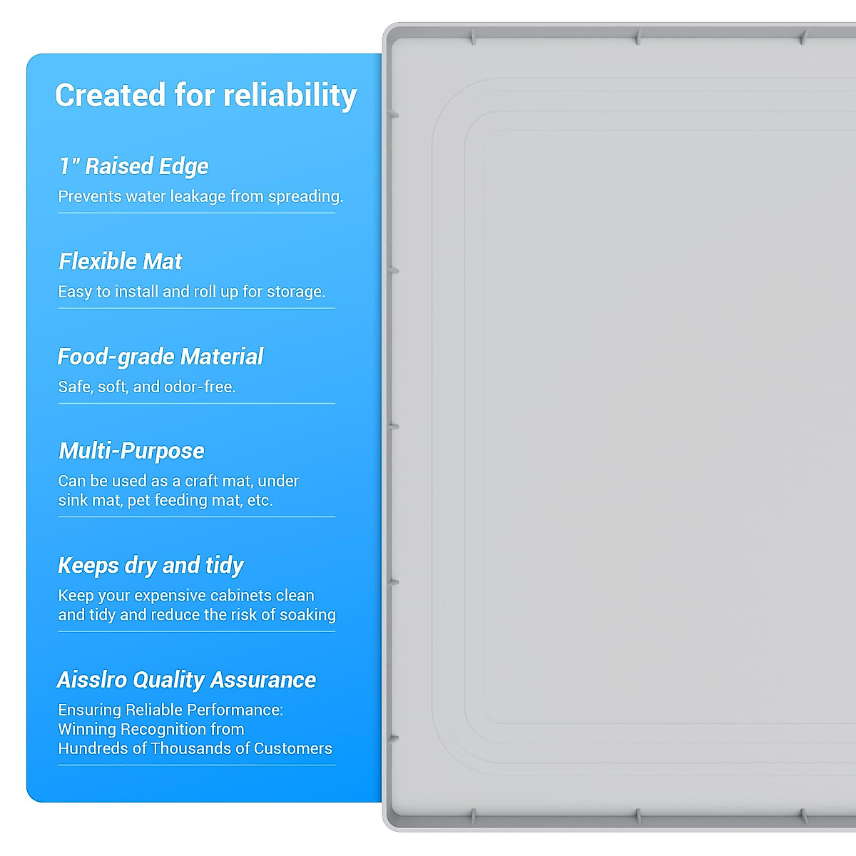 1 Inch Raised Under Sink Mat, 22" X 19" Under Kitchen Sink Mat [BPA Free] Waterproof Silicone Under Sink Mats Bathroom Kitchen Cabinet Shelf Protector, Under Sink Liner Tray, Light Grey