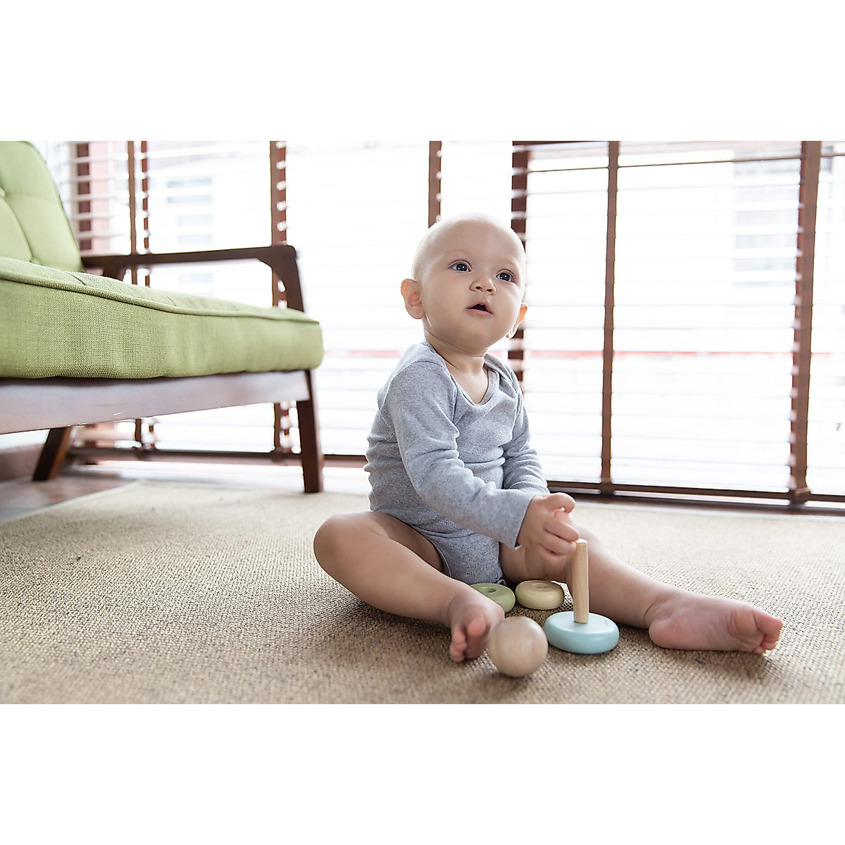 PlanToys Wooden Stacking Rings Baby Toy - Sustainably Made from Rubberwood Featuring Organic-Pigment Coloring and Water-Based Dyes with Collapsible Central Rod for Safety