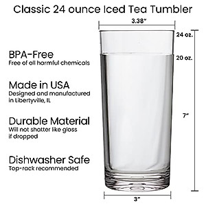US Acrylic Classic Clear Plastic Reusable Drinking Glasses (Set of 6) 24oz Iced-Tea Cups | BPA-Free Tumblers, Made in USA | Top-Rack Dishwasher Safe