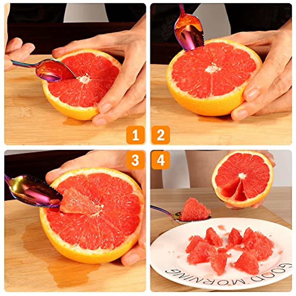 Grapefruit Spoons & Grapefruit Knife, Stainless Steel Grapefruit Utensil Set, Serrated Edge & Thick Gauge Handle, Rainbow Kitchen Tool with Non-stick Plating for Kiwi, Dessert, Apple (5 PCS)