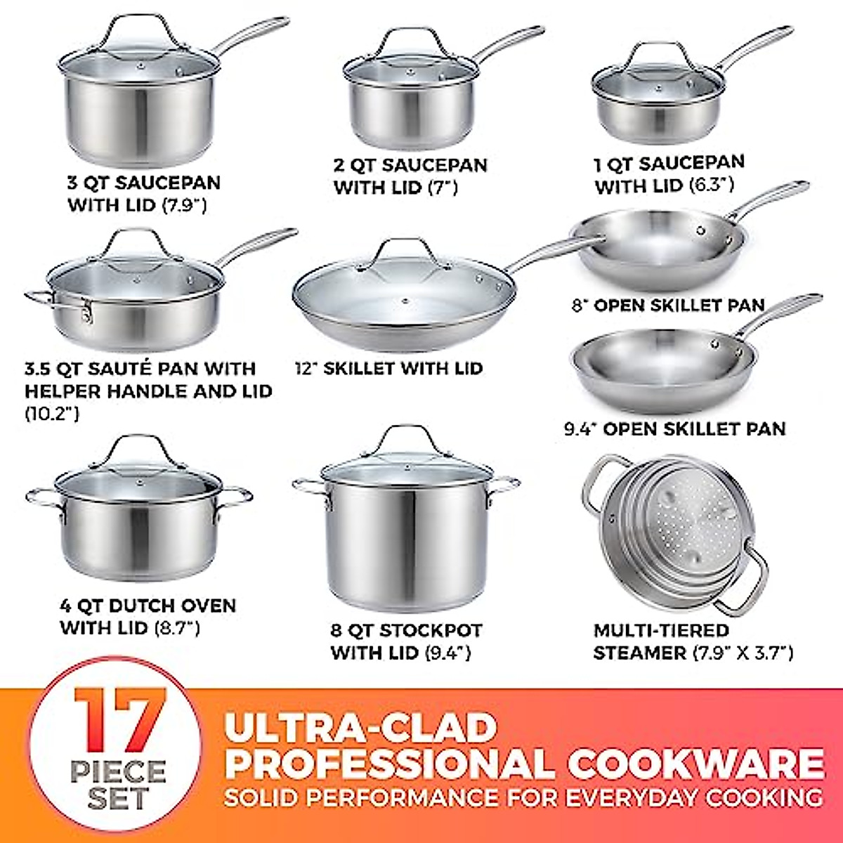 Mueller Pots and Pans Set 17-Piece, Ultra-Clad Pro Stainless Steel Cookware Set, Ergonomic and EverCool Stainless Steel Handle, Includes Saucepans, Skillets, Dutch Oven, Stockpot, Steamer and More
