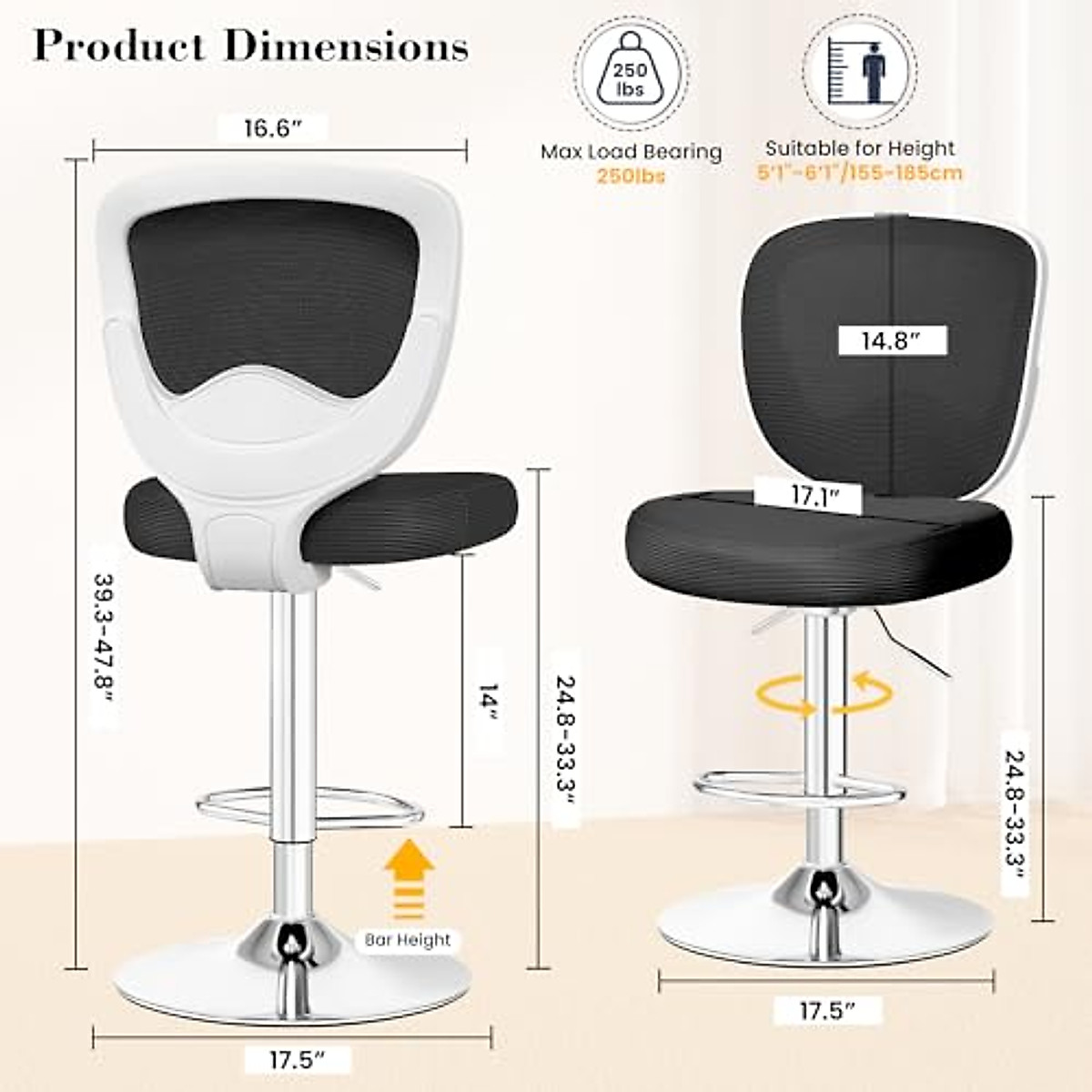 Razzor Bar Stools Adjustable Counter Height Chairs with Back Swivel Modern Kitchen Island Stool Upholstered Armless Tall Mesh Barstool Set of 1 Dining Chair