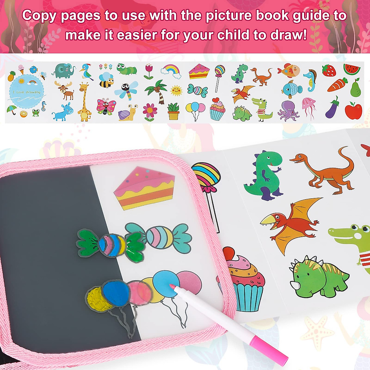 Qrytoi Erasable Book Doodle Set for Kids,Magic Drawing Book for Kids,Reusable Drawing Book 12 Watercolor Pens 14 Page Drawing,Road Trip Car Game Writing Painting Set for Boys and Girls (Mermaid)