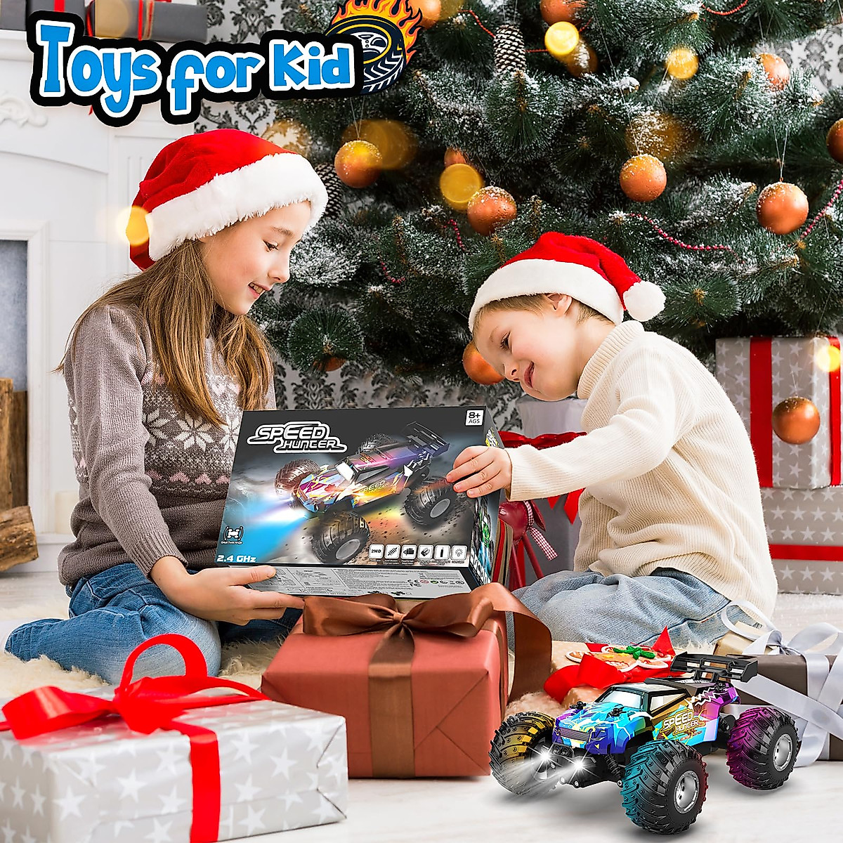 AONEPTR Remote Control Car, All Terrain Remote Control Truck for Boy, 2.4GHz Rc Car with Bodylight and Two Rechargeable Batteries, 20KM/H Monster Truck Toys