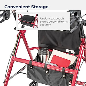 Drive Medical Aluminum Rollator Walker Fold Up and Removable Back Support, Padded Seat, 6" Wheels, Red