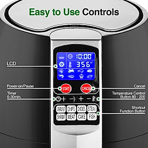 NutriChef Hot Air Fryer Oven - w/Digital Display, Electric Big 3.7 Qt Capacity Stainless Steel Kitchen Oilless Convection Power Multi Cooker w/Basket Pan - Use for Baking, Grill - (Black), One Size