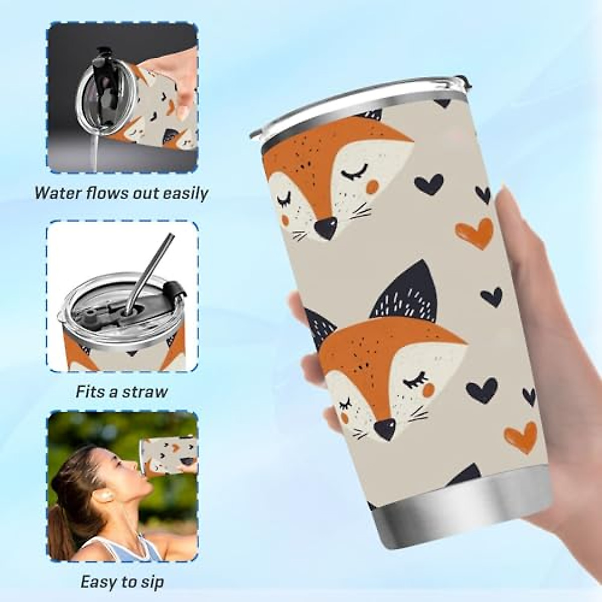 Wassud Cartoon Fox 20 oz Tumbler with Lid and Straw Stainless Steel Double Wall Vacuum Tumblers Insulated Travel Coffee Mug for Cold and Hot Drinks
