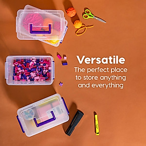 IRIS USA Plastic Storage Bins with Lids 5.4 Qt. Craft Organizers and Storage with Handle, Art Supply Storage Organizer, Arts and Crafts Organizer, Stackable and Secure Latch, Clear/Violet - 6 Pack