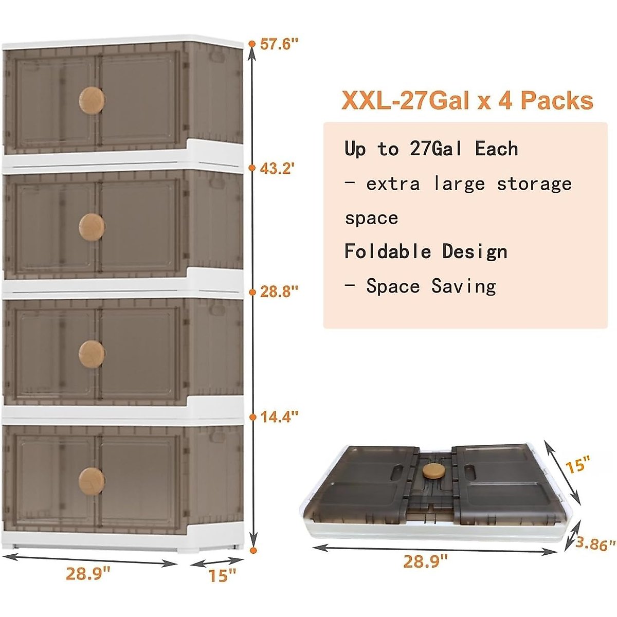 wookon Closet Organizers and Storage,108QT/27Gal Stackable Storage Bins Open Front,4 Packs Extra Large Collapsible Storage Bins with Lids,Plastic Clothes Organizer,Folding Storage Box