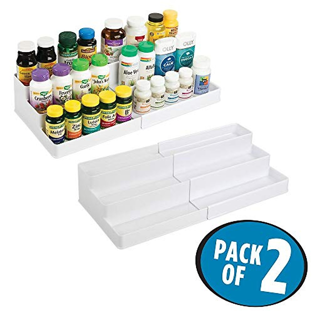 mDesign Plastic Expandable 3-Tier Shelf Rack Organizer - Storage for Bathroom Vanity, Cabinet, Cupboard, Drawer - Holds Medicine, Vitamins, Supplements, Cosmetics - Ligne Collection - 2 Pack, White