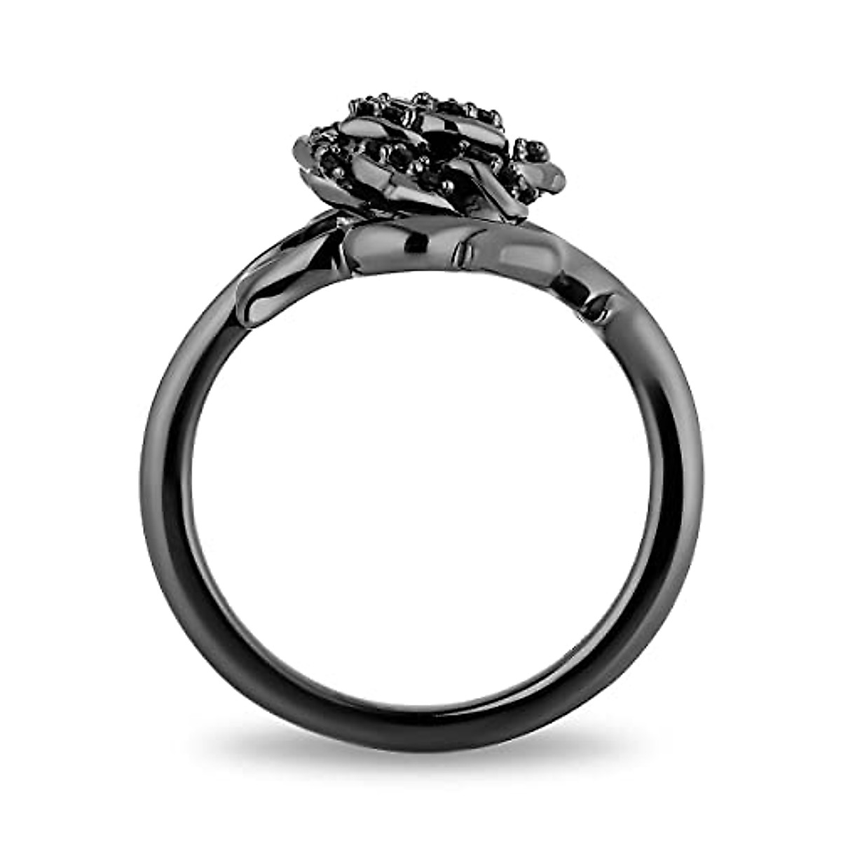 Jewelili Enchanted Disney Fine Jewelry Black Rhodium over Sterling Silver 1/4 Cttw Treated Black Round Diamond Maleficent Black Rose Ring, Size 5