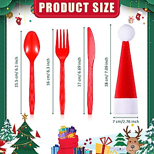 144 Pcs Christmas Plastic Silverware Set, Red Green and Gold Plastic Holiday Cutlery, 36 Spoons, 36 Forks, 36 Knives, and 36 Santa Hats Silverware Holders Xmas Tableware Fork Spoon Knife Storage Bag