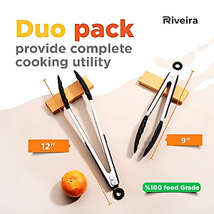 Riveira Tongs for Cooking with Silicone Tips | 9 and 12-Inch Pieces Set | Non-Stick Kitchen Grill Tongs | BBQ Grilling Tong | 550°F High Heat-Resistant Premium Silicone Tips | 304 Stainless Steel