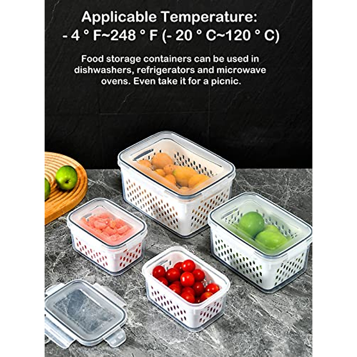 GOJUSO 4 Size Fruit Storage Containers for Fridge with Lids Clear Plastic Box Food Organization Stackable Organizer