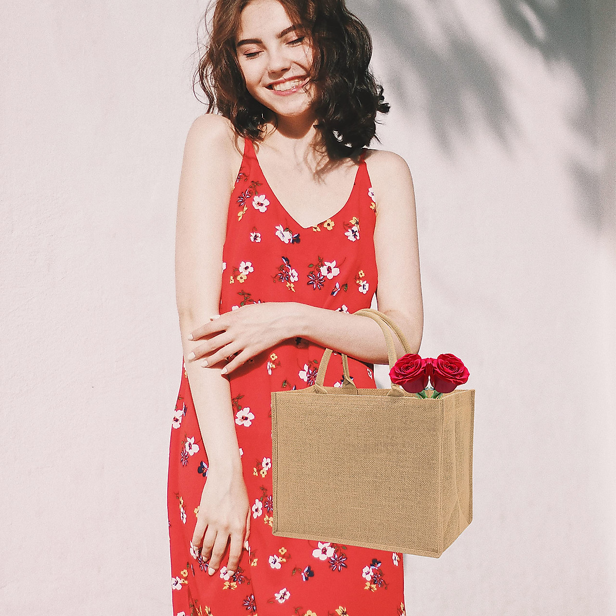 RSLUX Jute Burlap Tote Bag with Laminated Interior and Cotton Handle, Reusable Grocery Shopping Bag Bulk, Plain Bag Craft Embroidery Painting Decoration DIY,Women Wedding, Party, Gift Bag 6Packs