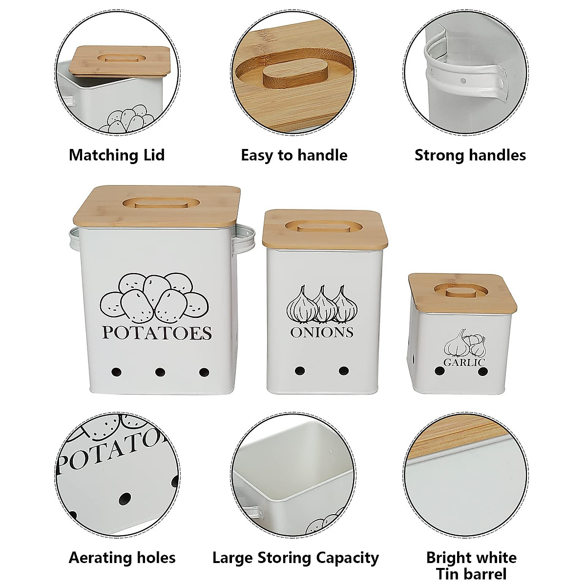 Potato Onion Garlic storage, Canister Sets for Kitchen Counter, Storage Set for Potato Onion Garlic, Kitchen Storage Bin Jars Pots with Aerating Tin Storage Holes & Wooden Lid - White