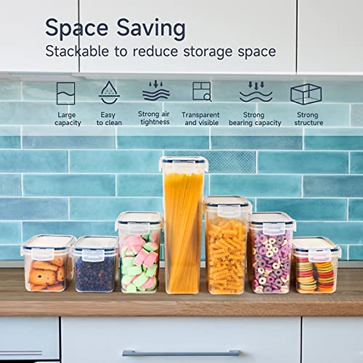 Hananojia Airtight Food Storage Container Set, BPA Free Plastic pantry organization and storage with Lids, 7 PCS Stackable Pop Food Containers for Pantry, Cereal, Pasta, Flour, Sugar Storage