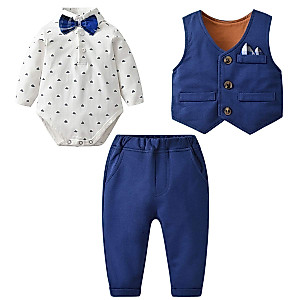 famuka Baby Boy 3 Piece Formal Outfit Suit with Bows Waistcoat Gentleman Tuxedo (Navy 3, 0-3 Months)