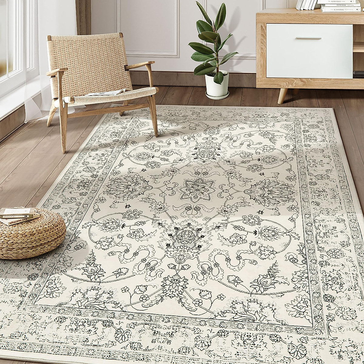 Area Rug Living Room Rugs - 8x10 Large Machine Washable Soft Farmhouse Boho Moroccan Floral Thin Rug Indoor Floor Carpet for Bedroom Under Dining Table Home Office Decor - Grey